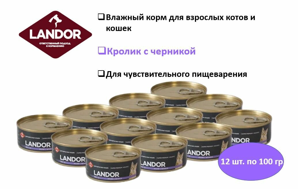 Полнорационный влажный корм LANDOR для взрослых кошек кролик с черникой 100г х 12шт.