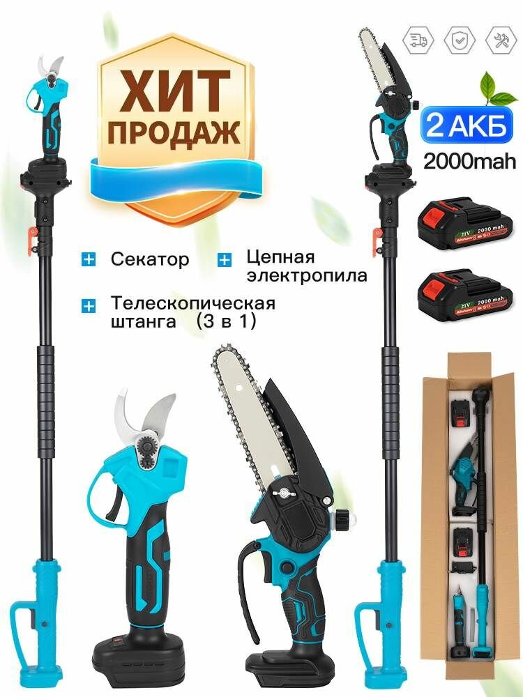 Секатор + 6-дюймовая пила со встроенным масляным насосом + телескопический шест длиной 1,7 м, 2 аккумулятора, запасное пильное полотно и запасная цепь