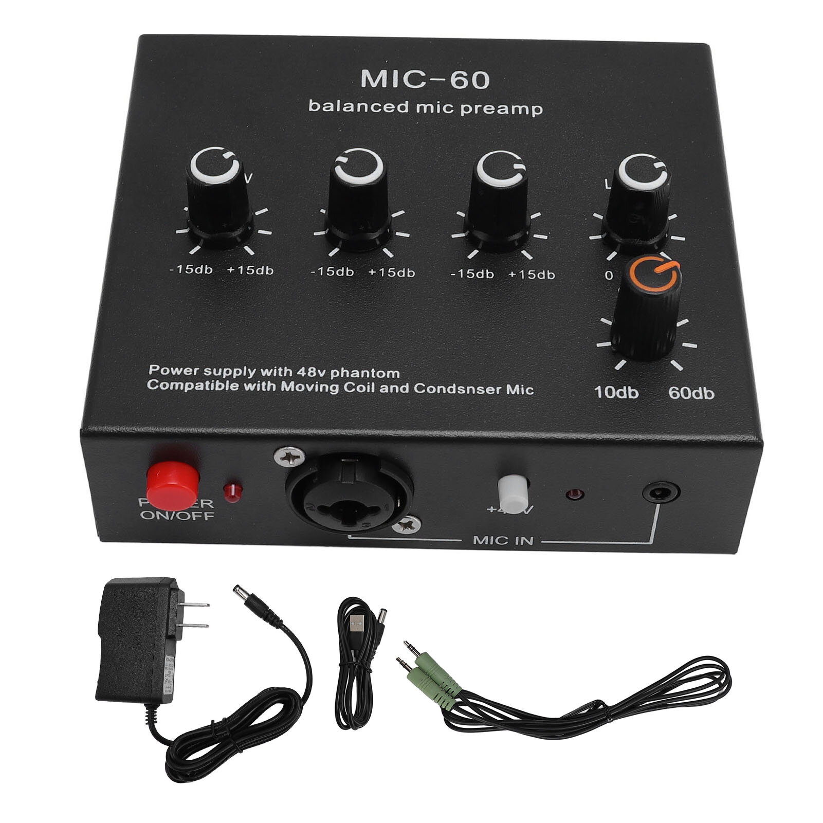 Mic Preamplifier 60DB Высокий усиление 48 В мощность 3,5 мм 6,35 мм XLR Входной выход для динамического конденсатора микрофон US Plugure