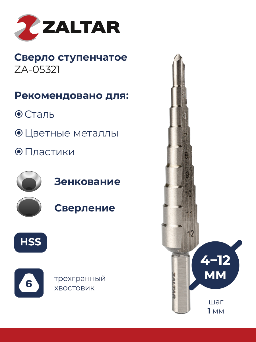 Сверло ступенчатое, HSS, Gr.1, 4-12 мм, прямая канавка, трёхплоскостной хвостовик