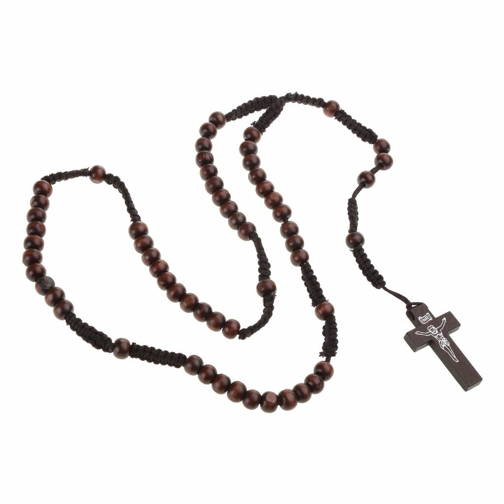1 нитка деревянных четок в виде креста-ожерелье темно-кофейного цвета