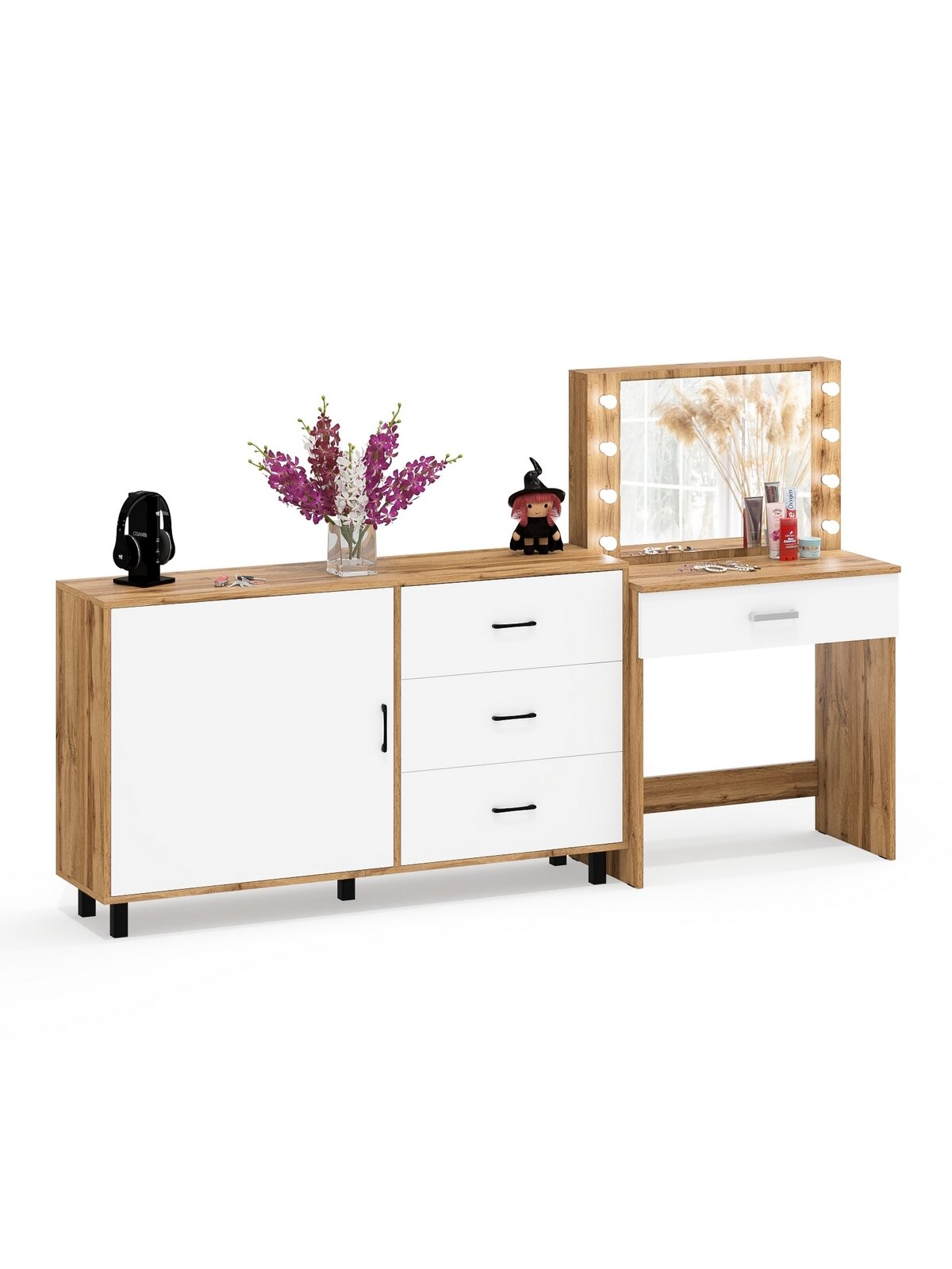 Комод ящики и дверка 122-1504 и туалетный столик с подсветкой СТ-4, дуб вотан/белый, 230,8х45х135 см.