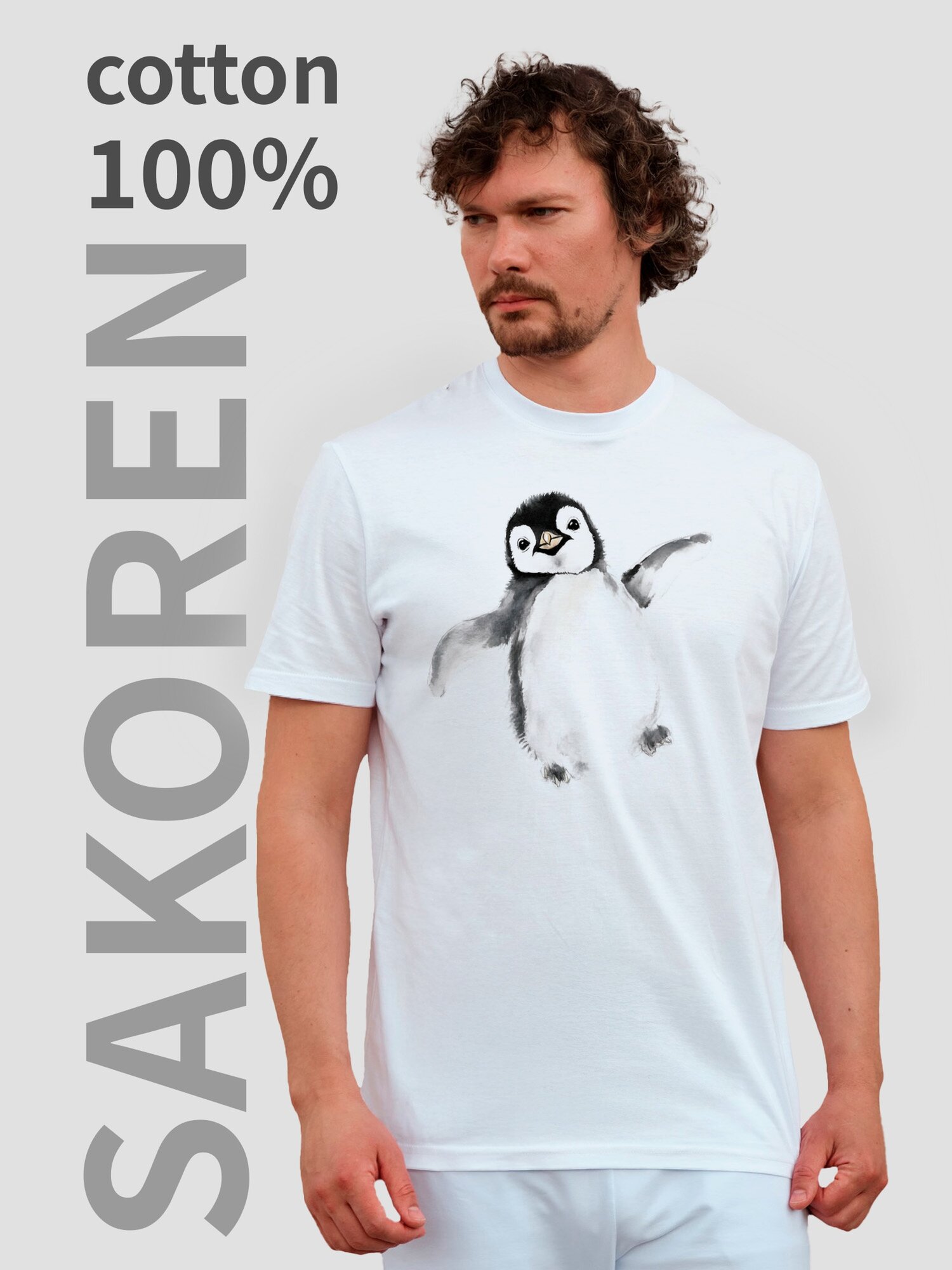 Футболка классическая мужская с авторским принтом Веселый, смешной птенец пингвина минималистичный черно белый принт, белый хлопковый трикотаж с прикольным рисунком на груди