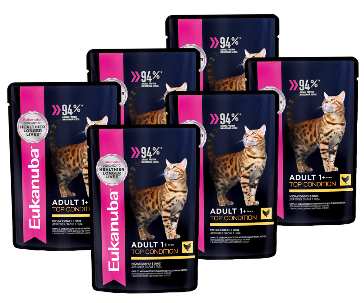 Влажный корм Eukanuba Cat Adult для взрослых кошек с курицей в соусе пауч, 85 г 6 шт