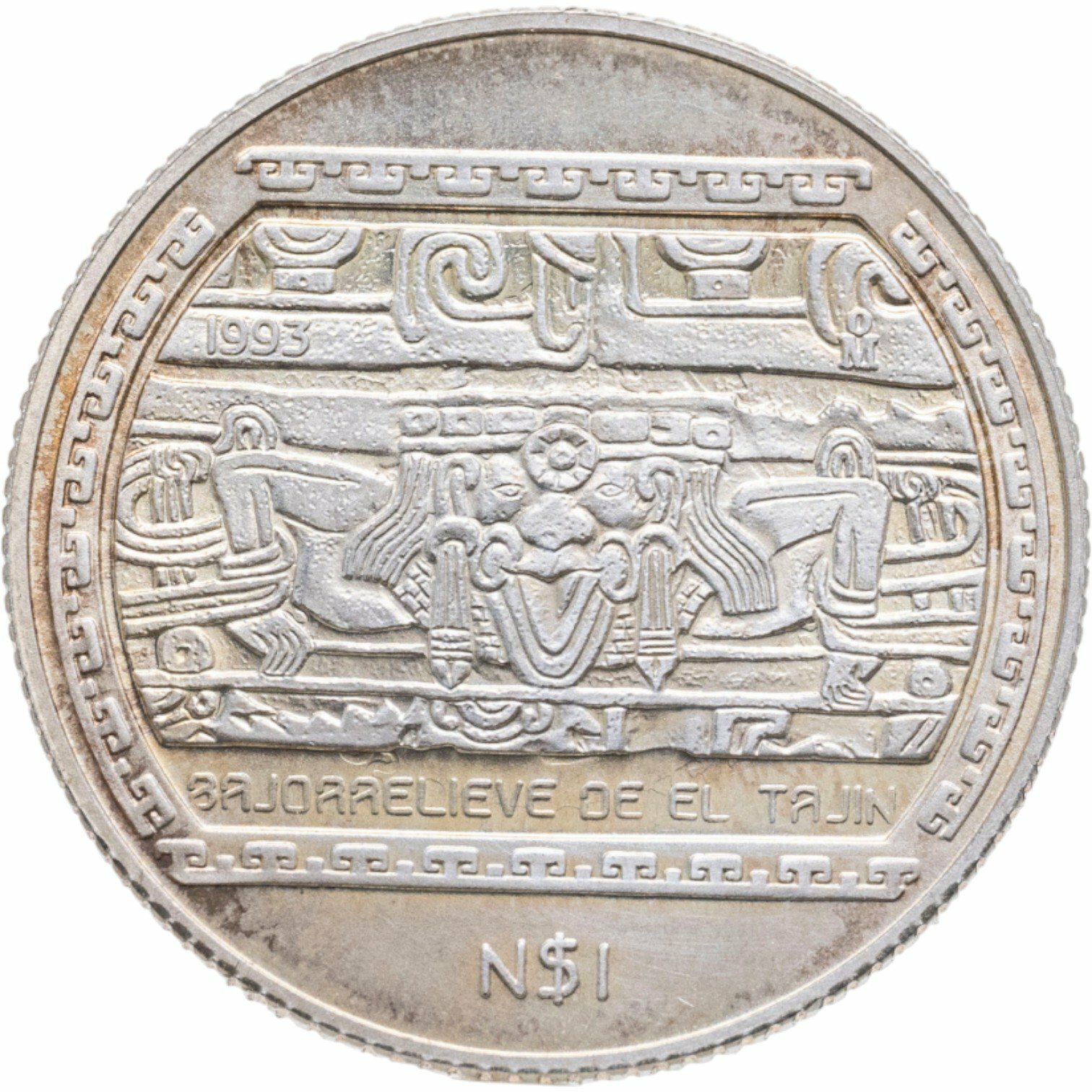 Мексика 1 песо 1993 Доколумбовый Веракрус - Барельеф Эль-Тахина, Серебро 999, в сохранности UNC