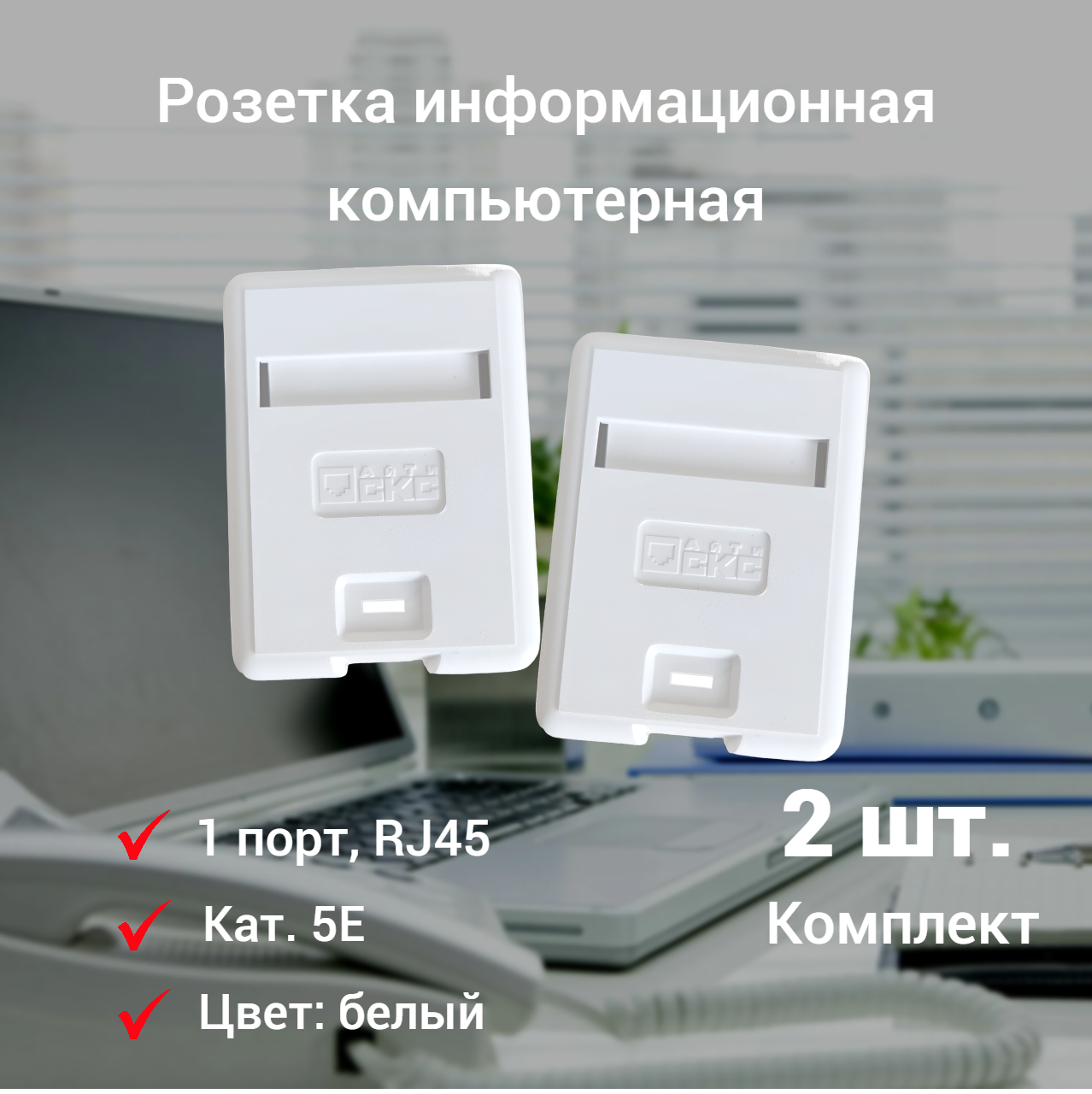 Розетка информационная компьютерная - 2 шт, 1-портовая, T568A/B, кат. 5е, настенная, цвет белый