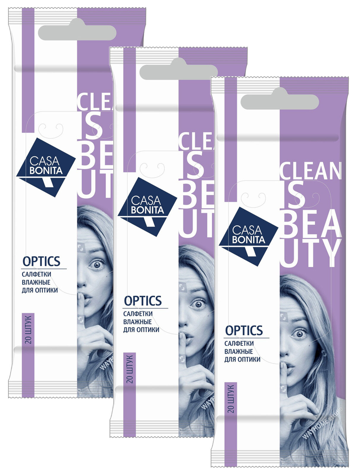 Влажные салфетки Casa Bonita для ухода за очками и оптикой, 20 салф. х 3 уп