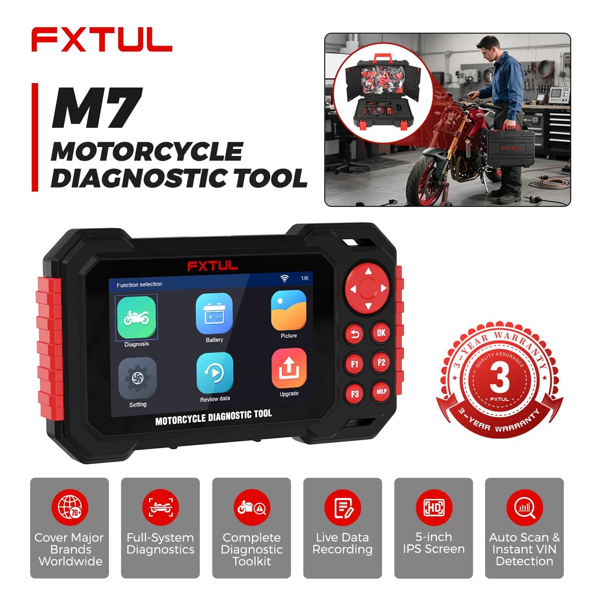 FXTUL M7 Диагностический сканер для мотоцикла, автоматическое сканирование и мгновенное обнаружение VIN ABS и подножки двигателя для BMW Ducati Yamaha Honda SYM