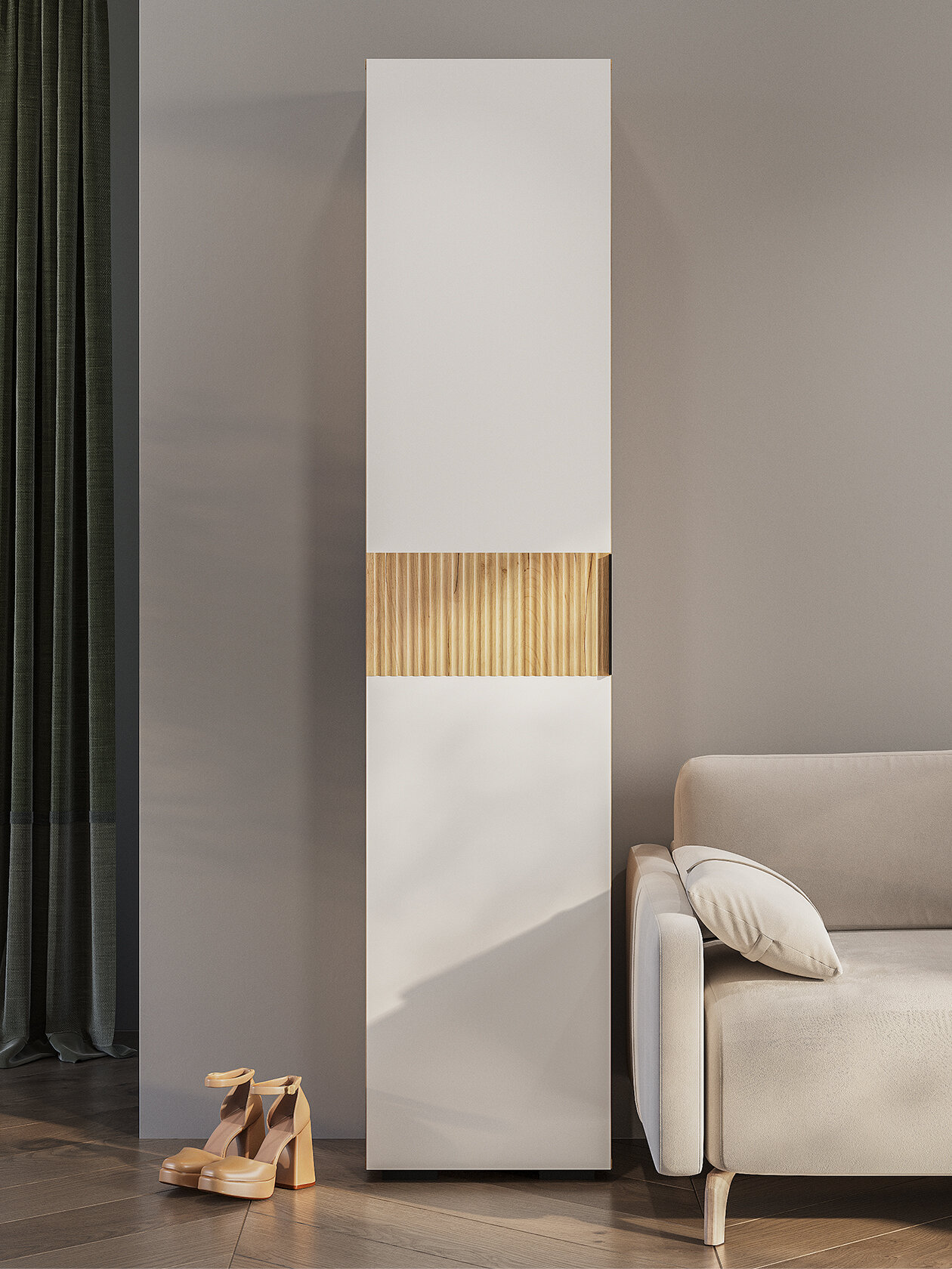 Шкаф-пенал распашной для одежды и хранения вещей Сандра с полками, с доводчиками, 40х35х182.6 см, Дуб Крафт золотой / Белое дерево