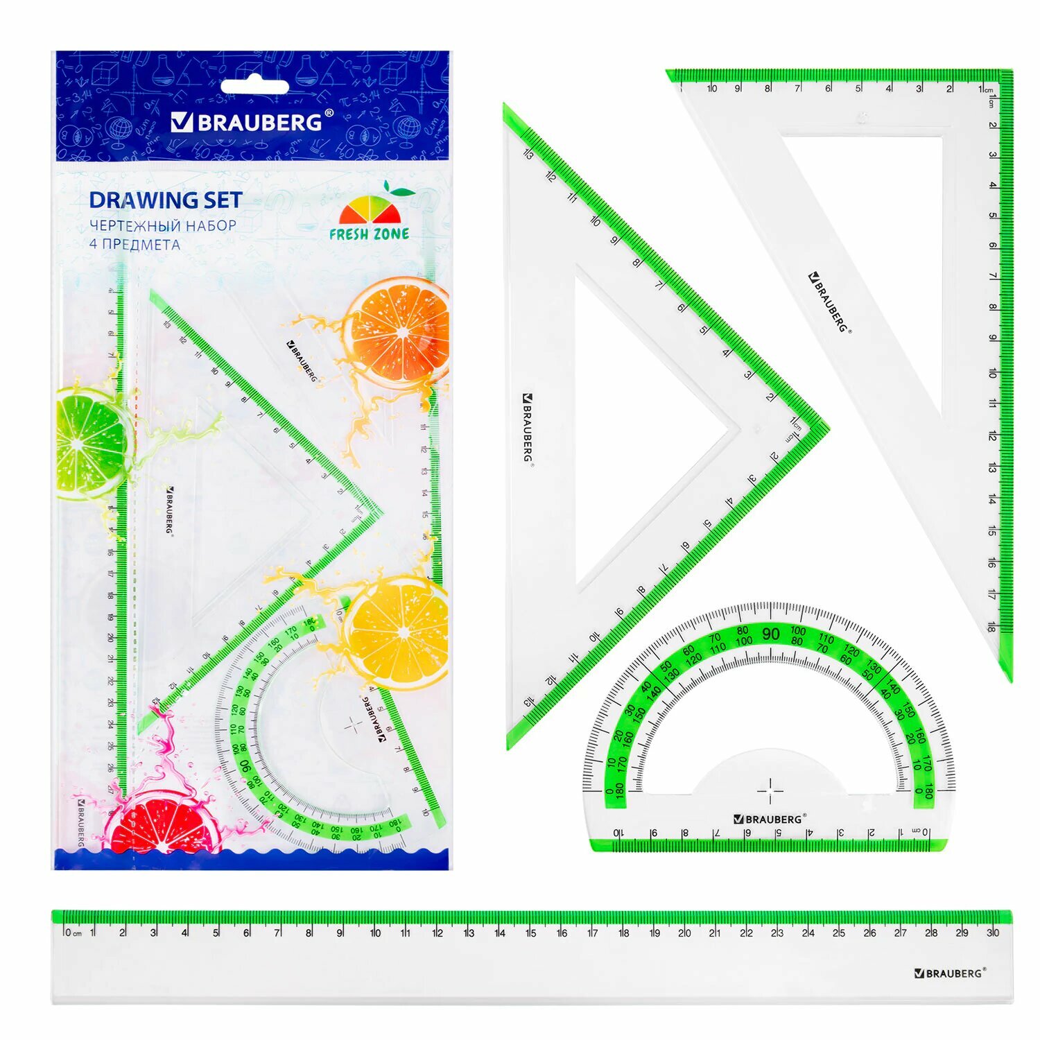 Набор чертежный большой BRAUBERG "FRESH ZONE" (линейка 30 см, 2 треугольника, транспортир) с салатовой шкалой, 210764, 2шт.