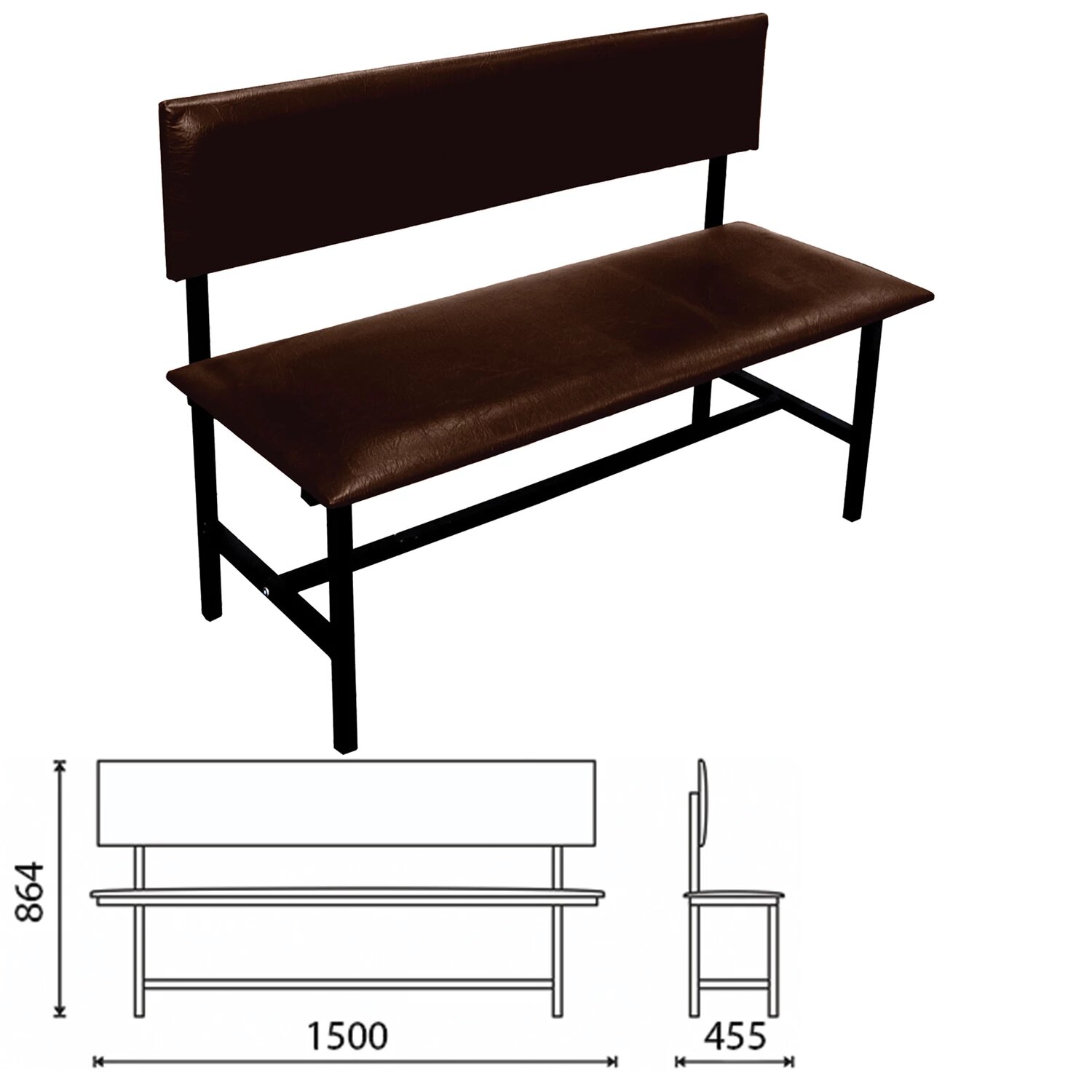Банкетка со спинкой "Берта" 1500455864 мм, усиленная, черный каркас, кожзам коричневый