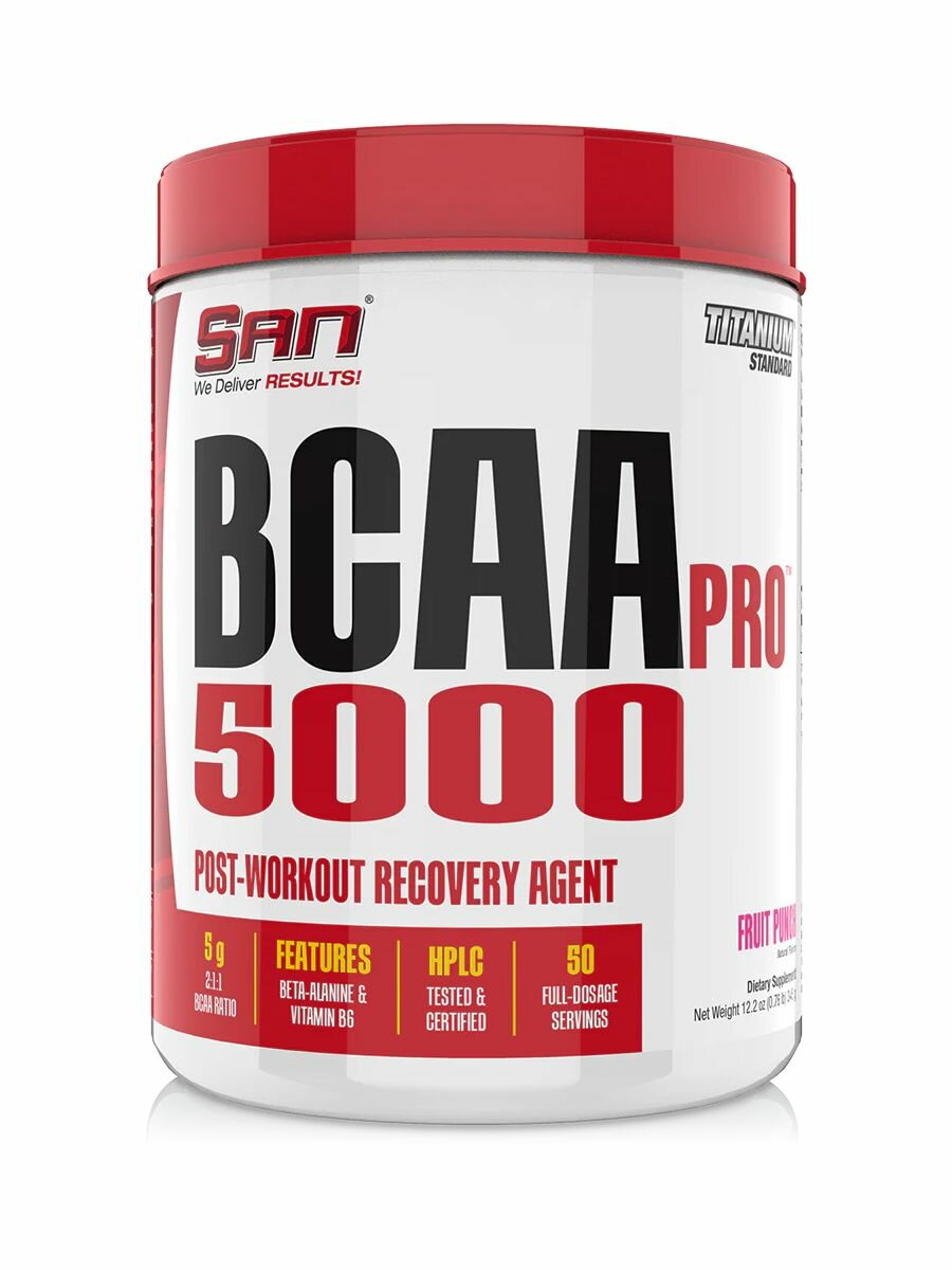 SAN BCAA Pro 5000, БЦАА с витамином В6 и бета-аланином, Аминокислоты для набора мышечной массы, похудения и выносливости, порошок 345г со вкусом фруктового пунша