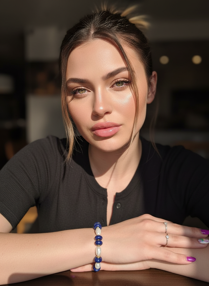 Плетеный браслет, лазурит, жемчуг имитация, акрил, жемчуг пресноводный культивированный