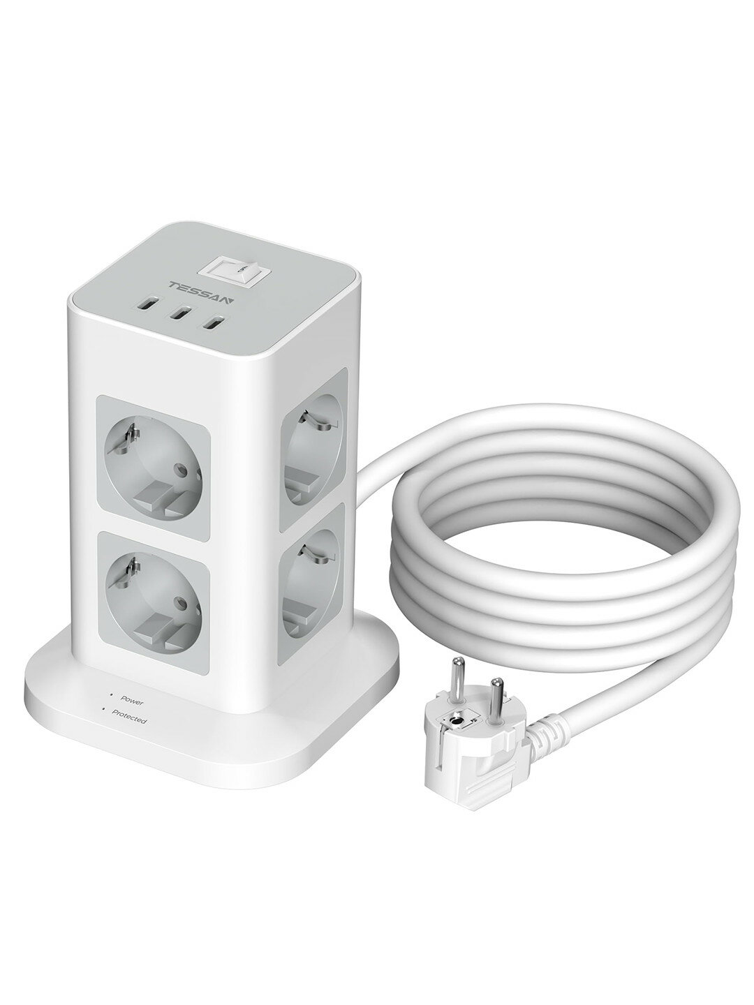 Сетевой фильтр TESSAN , 8 розетки 220В, 3 USB-C порта, кнопка питания