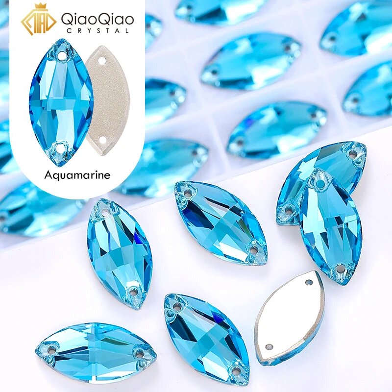 Стразы QIAO Navette стеклянные плоские 45 цветов 13x22mm - 24Pcs, Голубой, Aquamarine