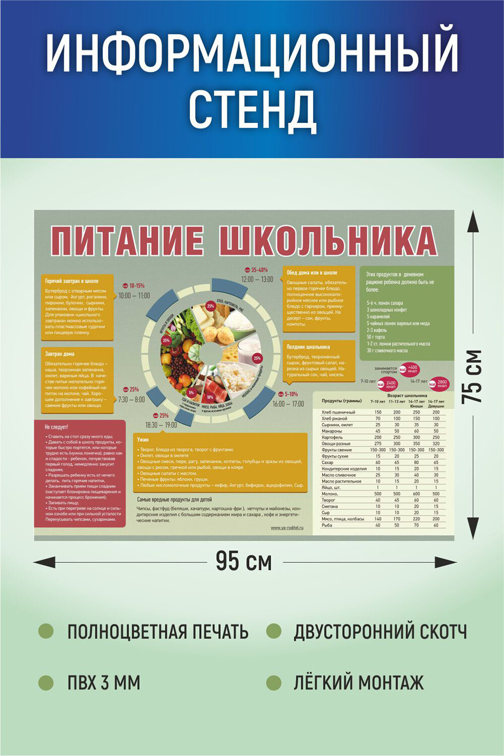Стенд информационный о правильности питания "Питание школьника", 950 х 750 мм, Stendplus