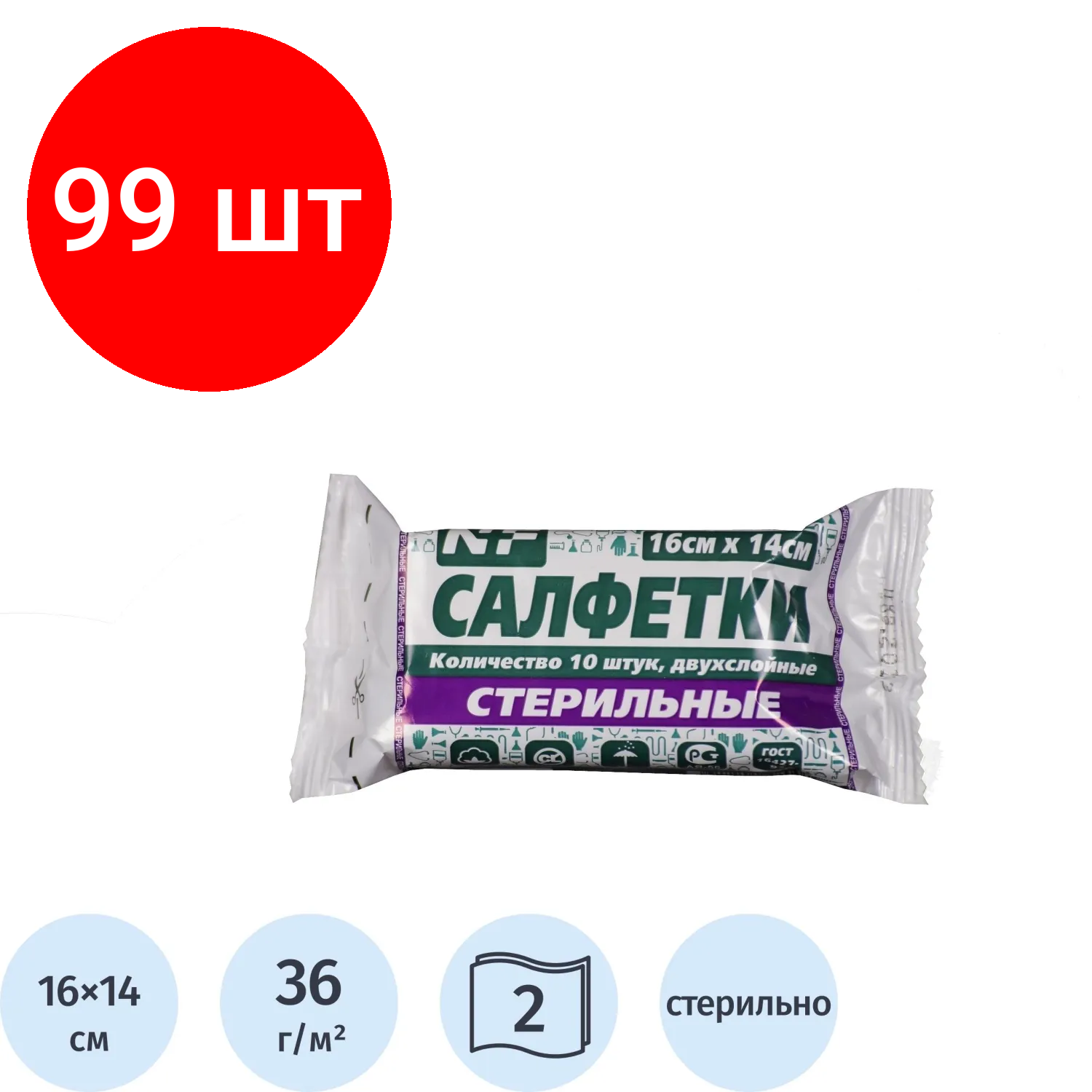 Комплект 99 штук, Салфетка стер. 2-х сл №10.16х14см, пл.36 г Ньюфарм ШК80667