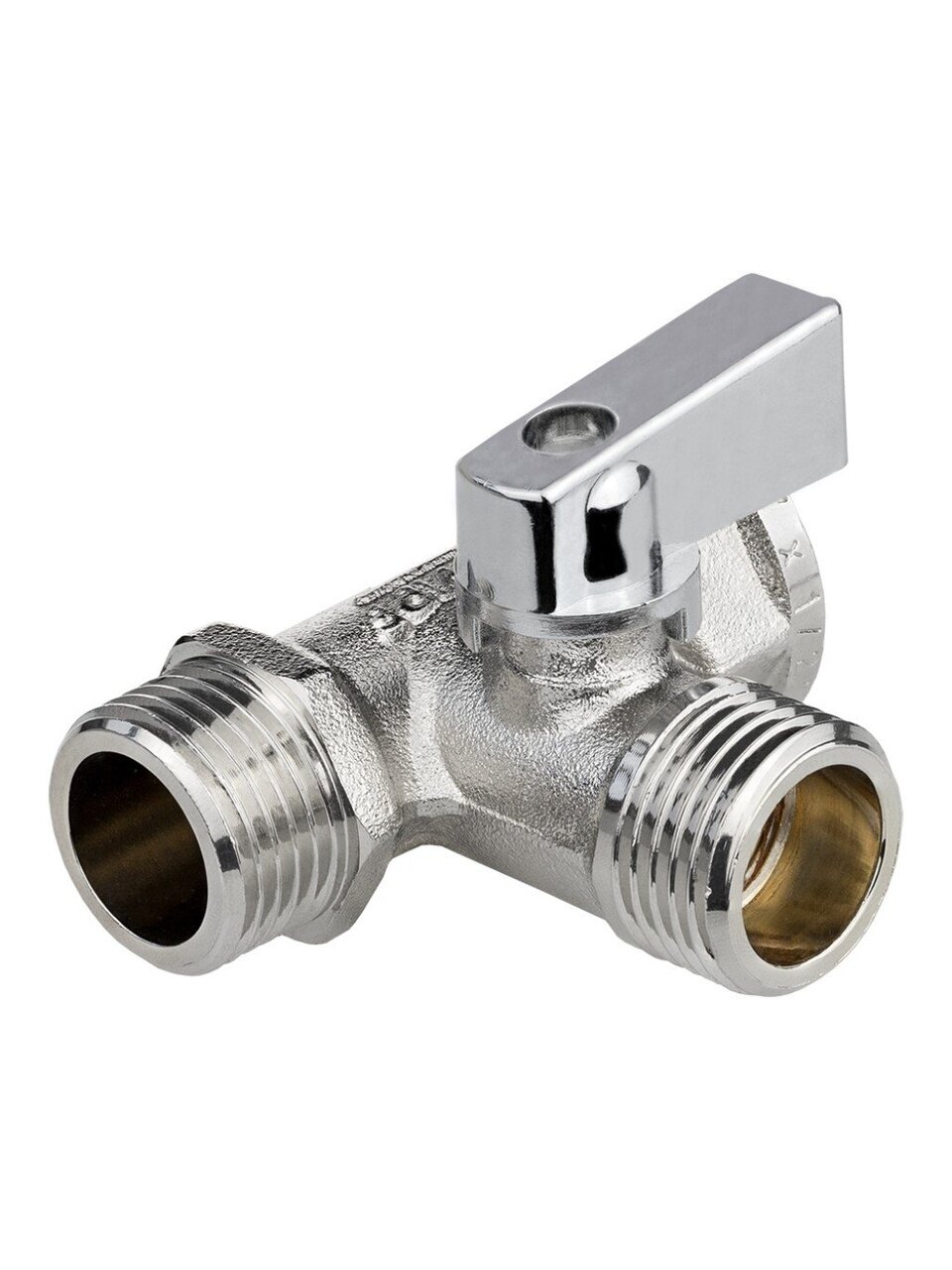 Трехходовой шаровой кран MasterProf 1/2" для подключения бытовой техники, латунь, ручка-флажок, г-ш-ш, серебристый