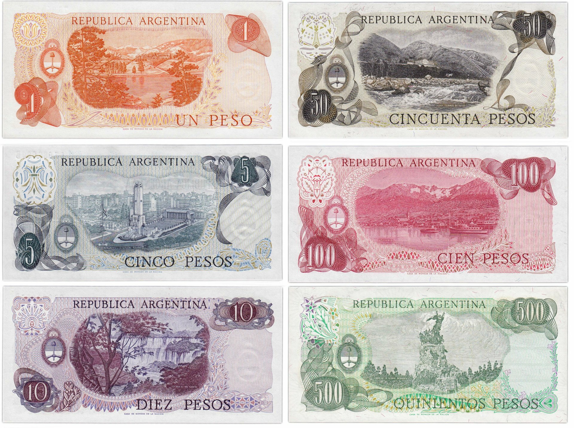 Аргентина - набор 6 банкнот - 1, 5, 10, 50, 100, 500 песо 1972-1983 год