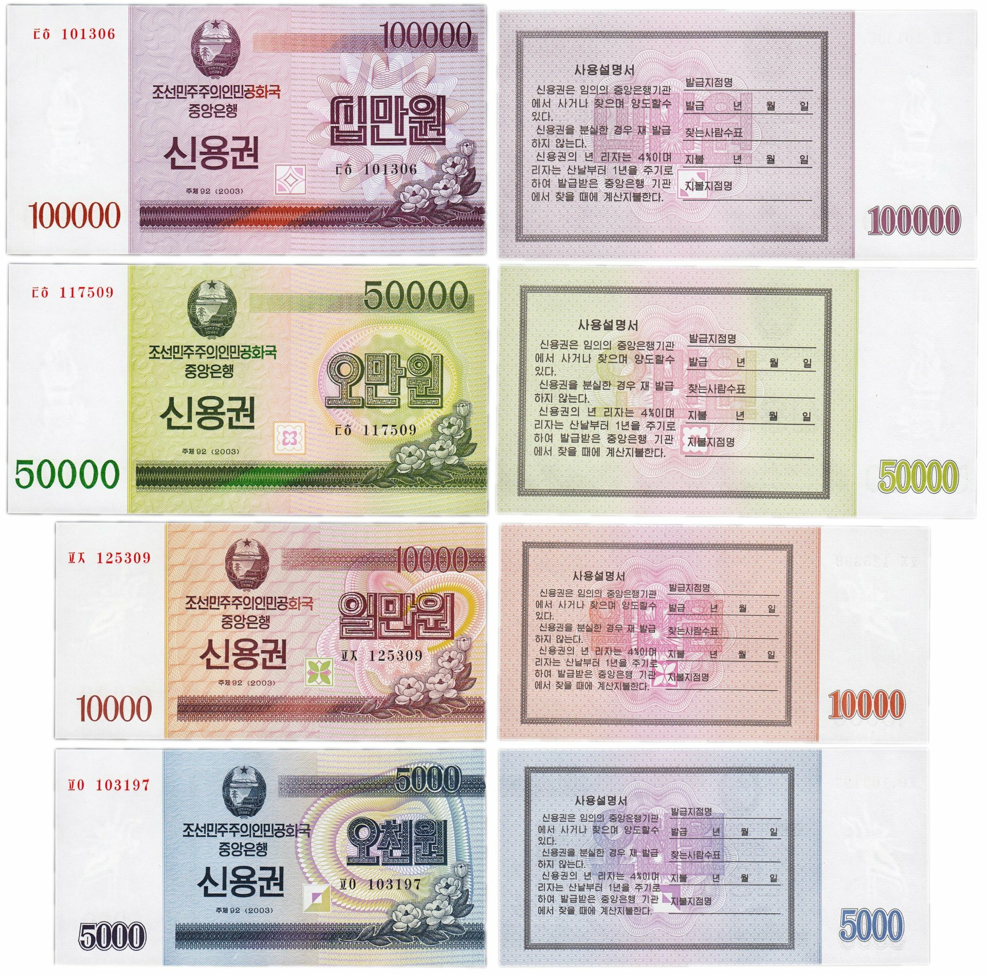 Северная Корея полный набор 5000, 10000, 50000, 100000 вон 2003