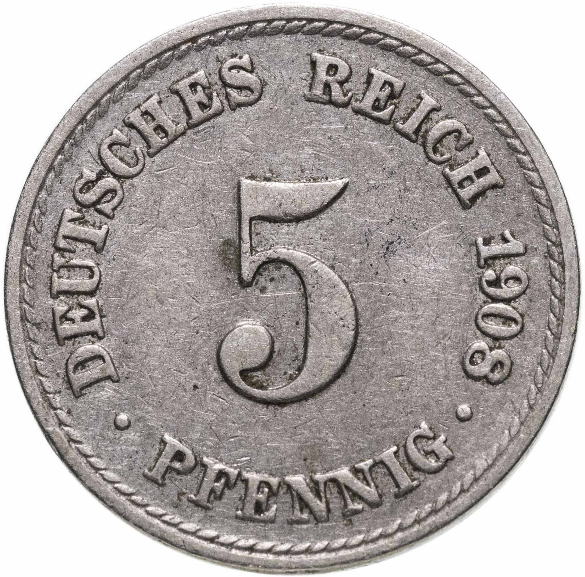 Германия 5 пфеннигов pfennig 1908 знак монетного двора: "A" - Берлин, Никель, в сохранности VF
