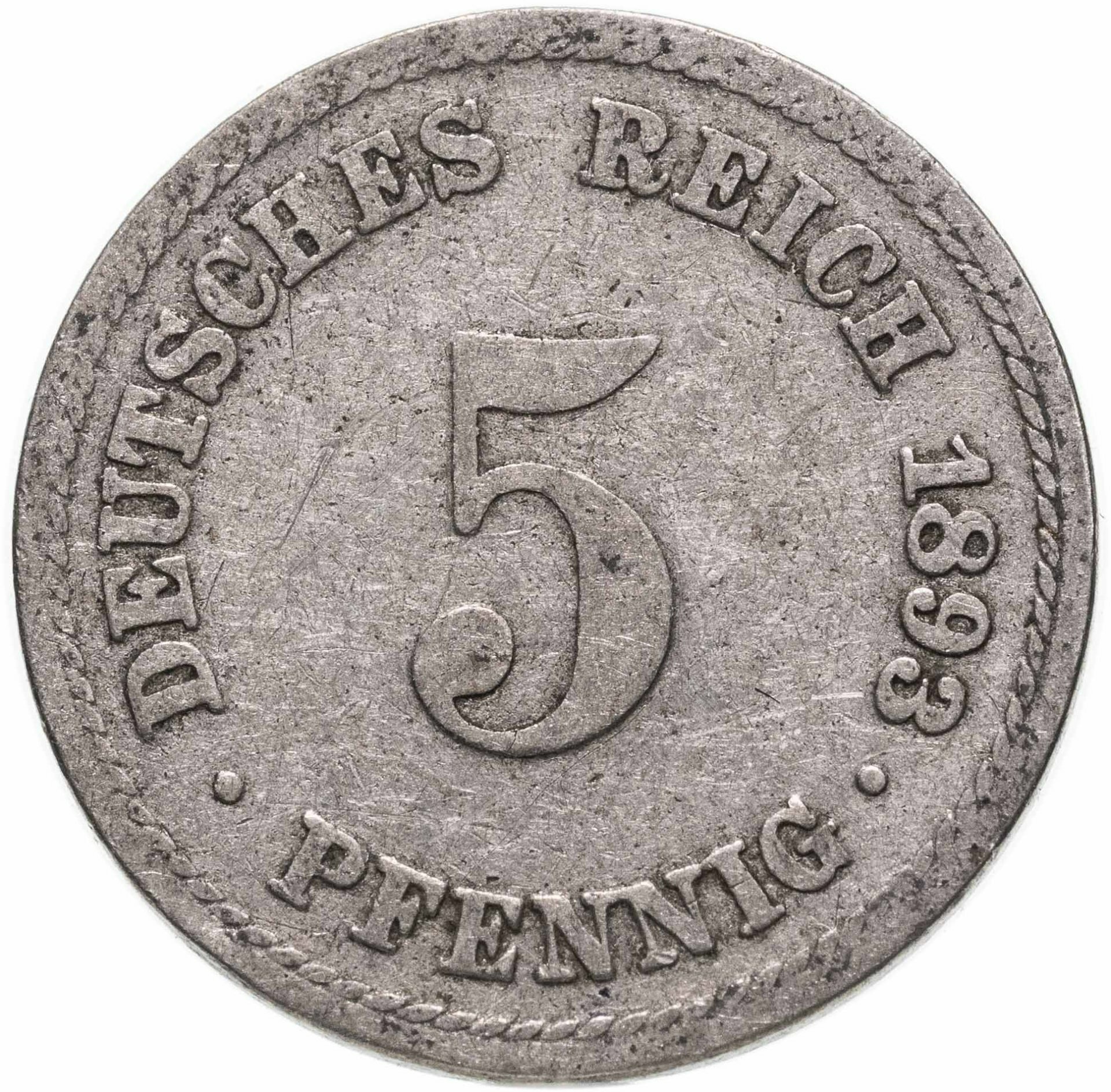 Германия 5 пфеннигов pfennig 1893 знак монетного двора: "A" - Берлин, Никель, в сохранности VF