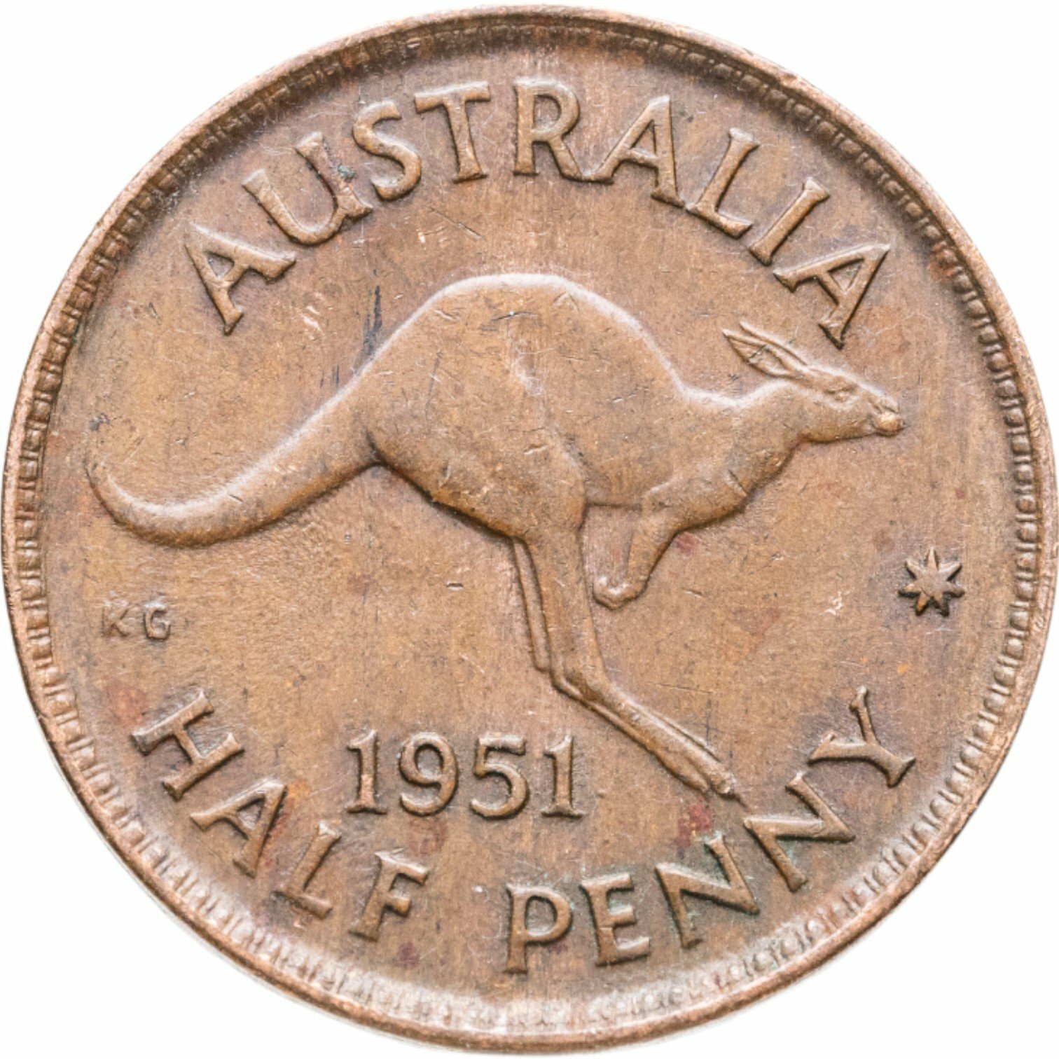 Австралия 1/2 пенни penny 1951 Без точки, Бронза, в сохранности AU