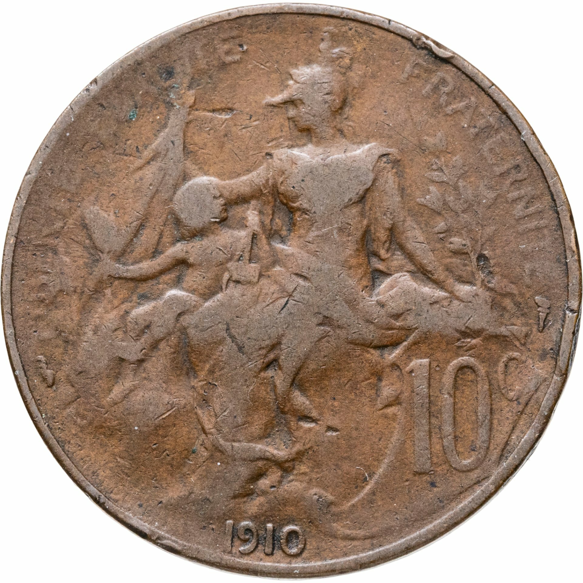 Франция 10 сантимов centimes 1910, Бронза, в сохранности F