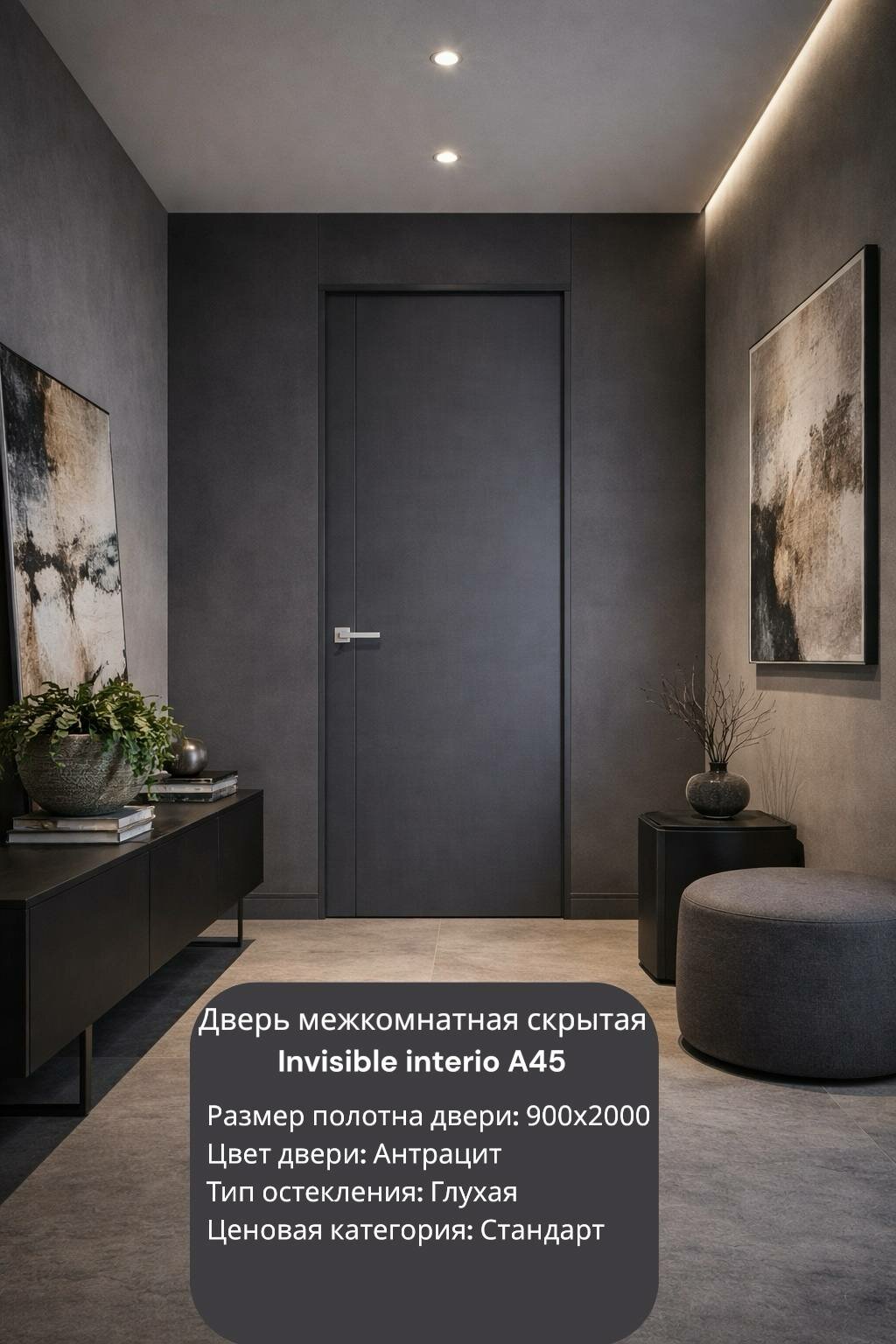 Дверь межкомнатная скрытая Invisible (Interio A45) глухая (900 х 2000), цвет Антрацит