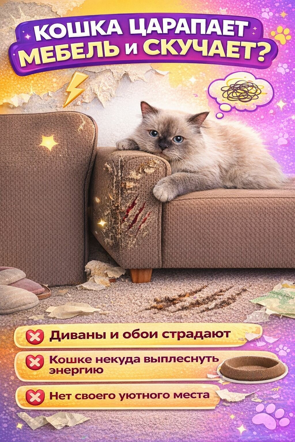 Когтеточка для кошек картонная 4 в 1 трансформер с мячиком, лежанка и домик, эко