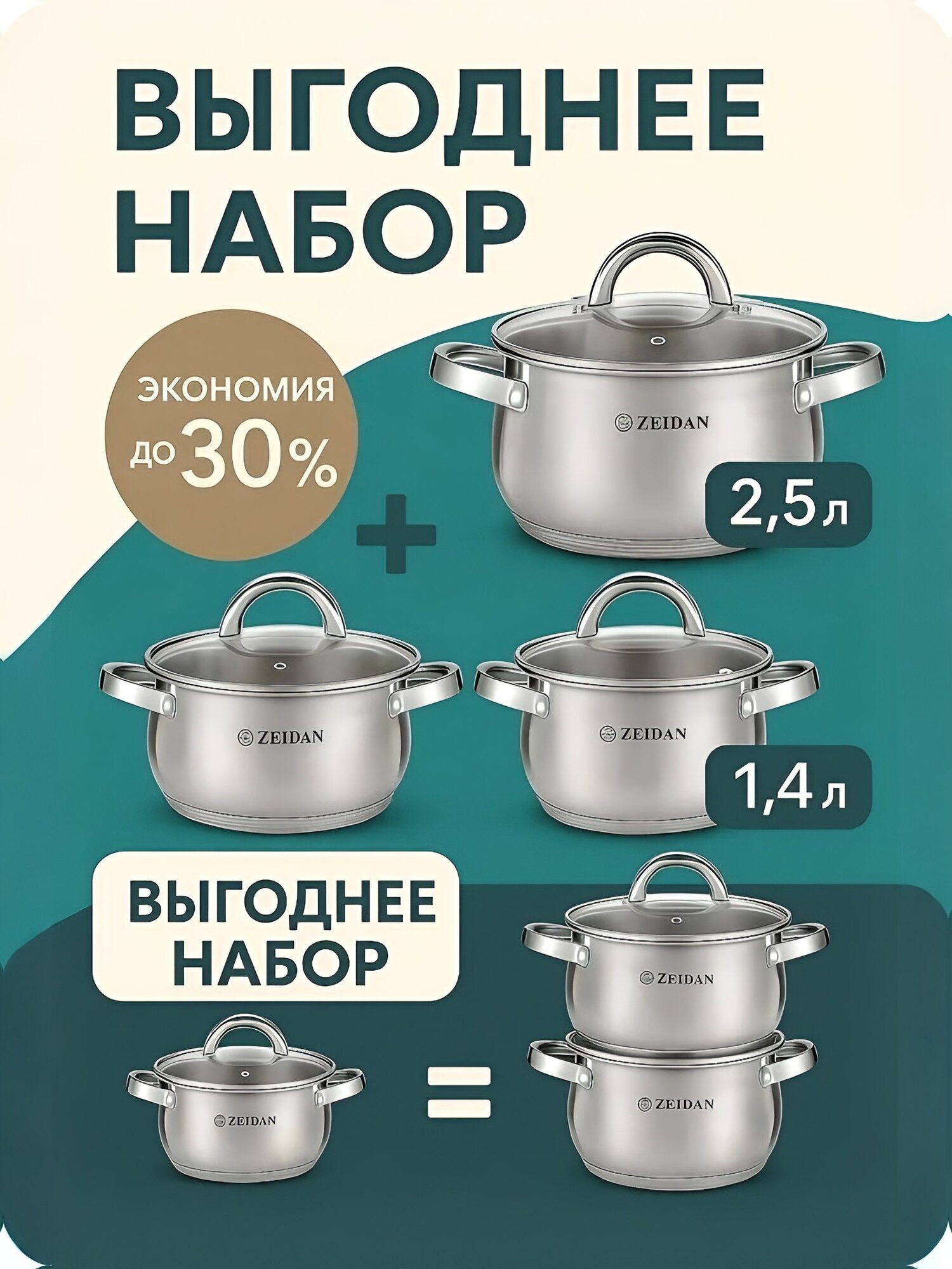 Набор Кастрюль С Крышкой И Толстым Дном Для Кухни и Готовки. Маленьких, Больших Из Нержавеющей Стали Для Газовых, Электрических, Индукционных Плит. Серебристый, 2шт
