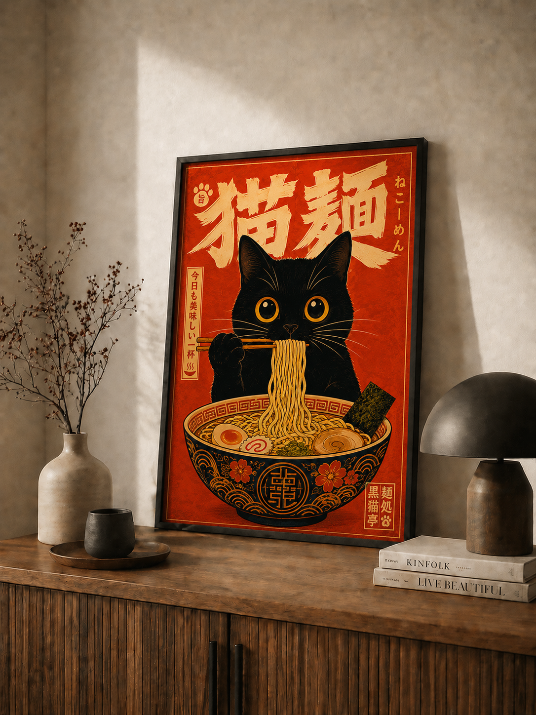 Постер А4 «Кот с раменом», интерьерный плакат в японском стиле, 21×30 см
