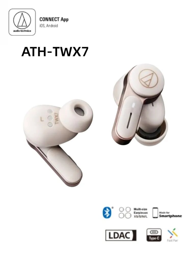 Audio-Technica Наушники беспроводные с микрофоном Audio-Technica ATH-TWX7, Bluetooth, USB Type-C, белый