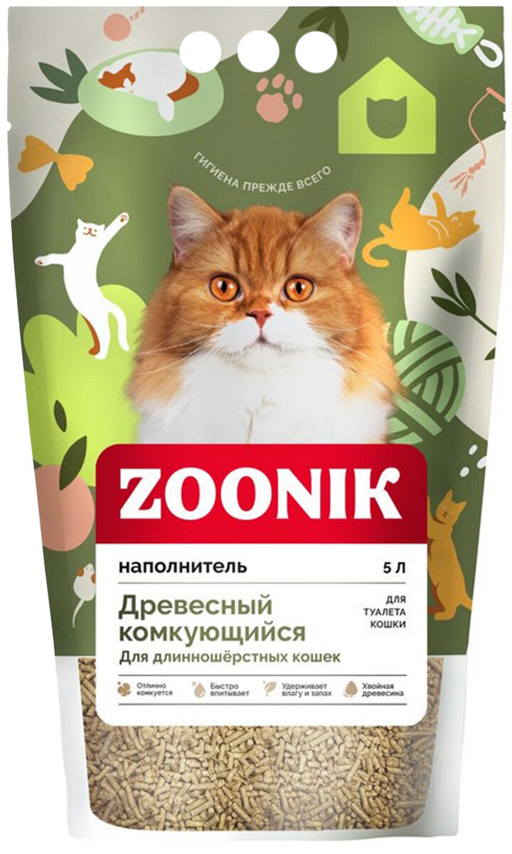 ZOONIK ДРЕВЕСНЫЙ КОМКУЮЩИЙСЯ наполнитель древесный комкующийся для длинношерстных кошек 5 л