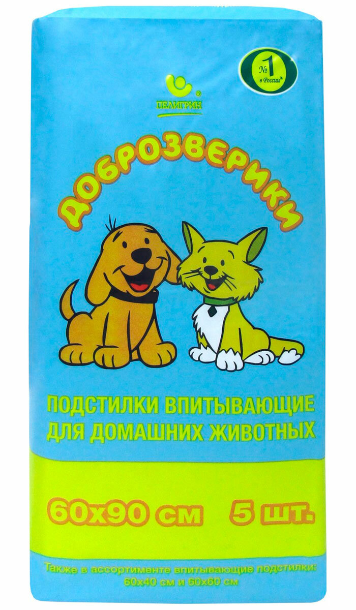 Пеленки впитывающие одноразовые Доброзверики для животных 60 х 90 см уп.5 шт 1 шт