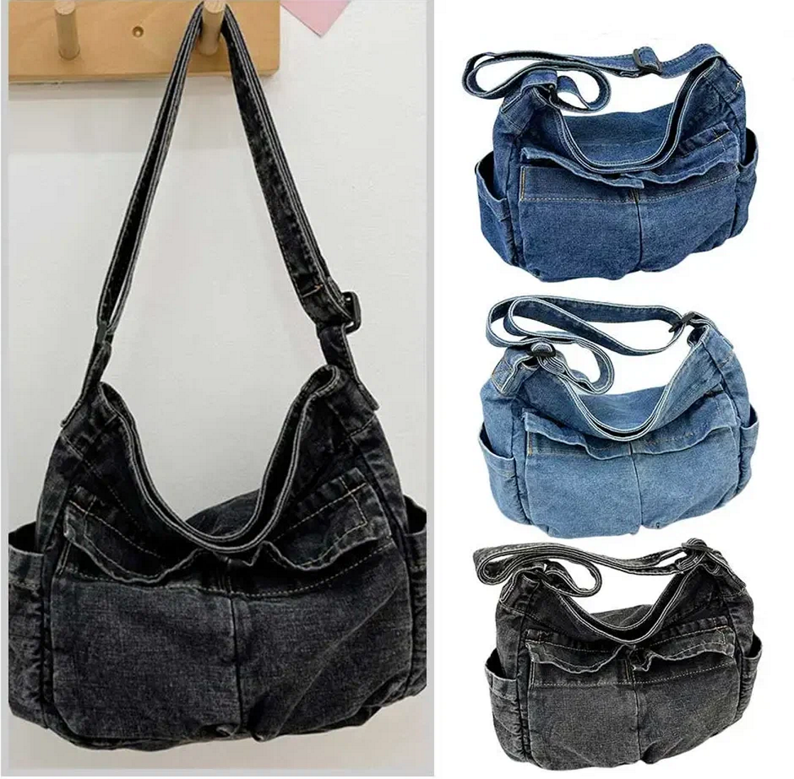 Сумка  Маленькая сумка джинсовая через плечо черная с карманами, летняя