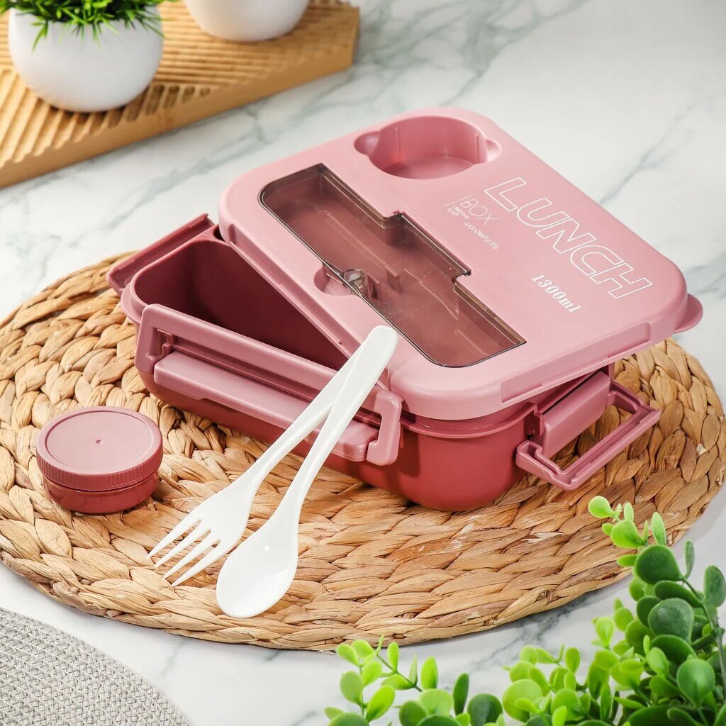 Контейнер ланч-бокс пластик, 1,3 л 21,5*15,5*7см, розовый, прямоугольный, Y4-8669