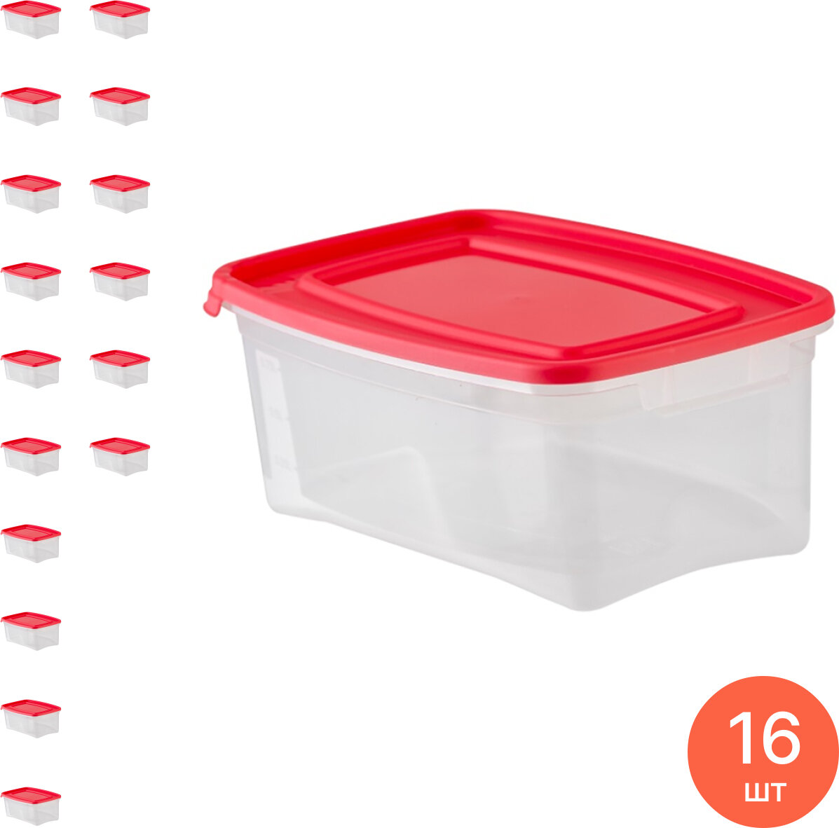 Контейнер для хранения продуктов Полимербыт Каскад для СВЧ пластиковый с крышкой прозрачный объем 1л / емкость герметичная (комплект из 16 шт)