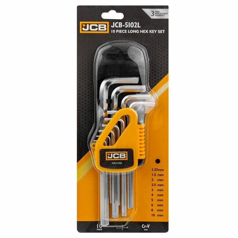 Ключи Г-образные 6-гранные длинные, набор 10 предметов (1.27, 1.5, 2, 2.5, 3-6, 8, 10мм) JCB