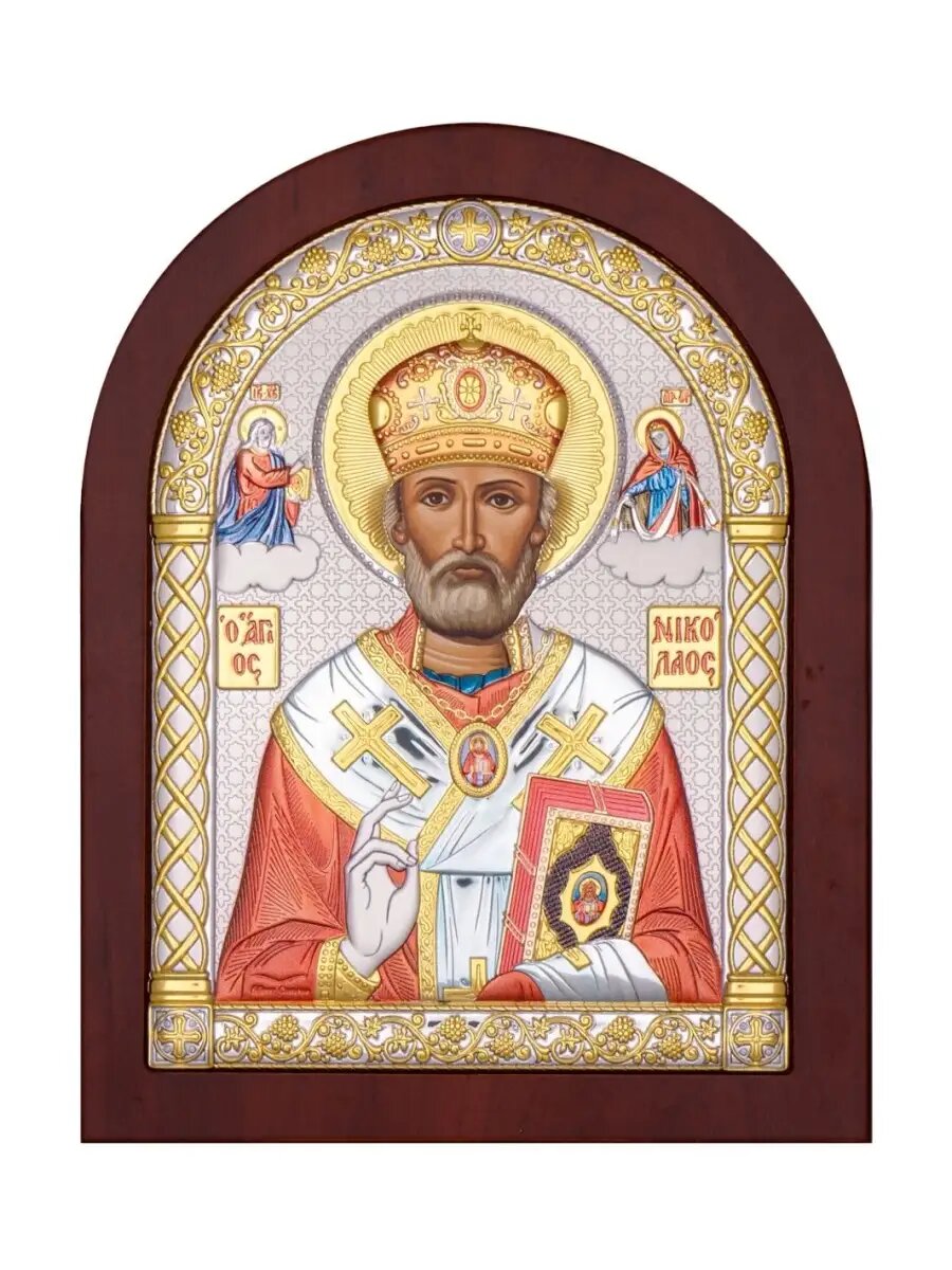 Икона серебряная, греческая Николай Чудотворец, 175х225 мм.