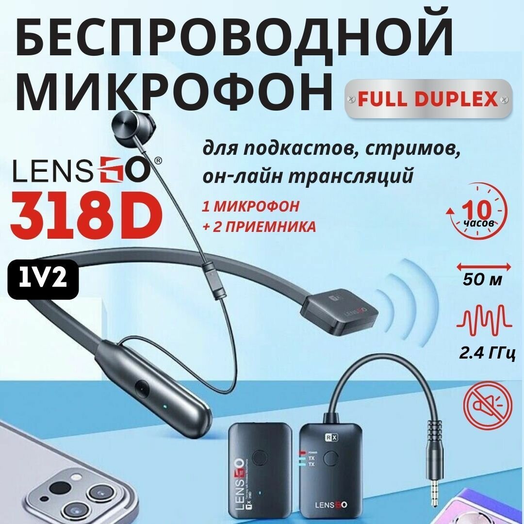 LensGo 318D 1v2 микрофон петличный беспроводной с шумоподавлением