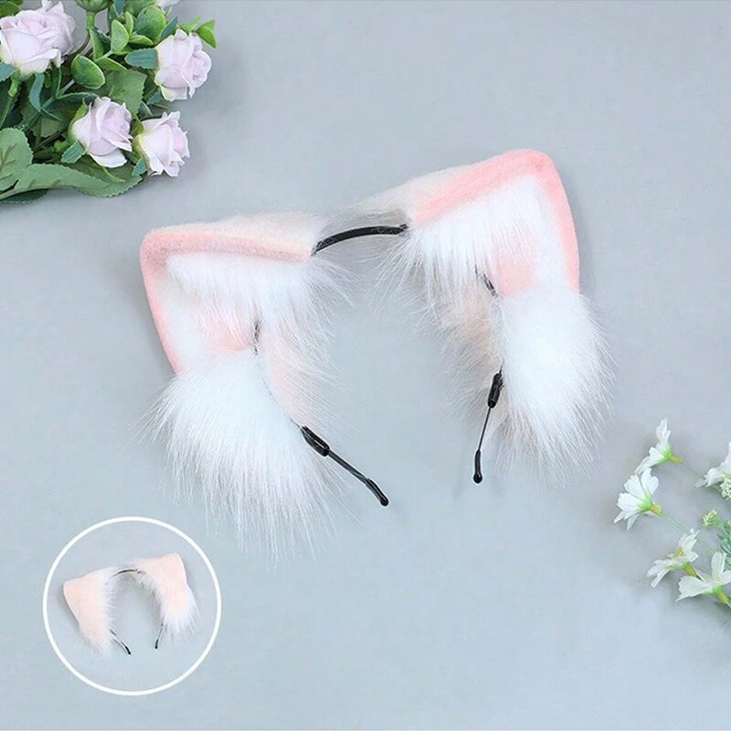 Пушистый ободок с ушками кота, лисы, волка Розовый, Pink