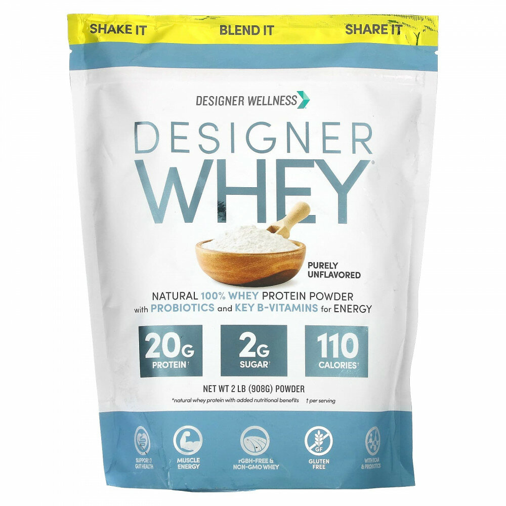 Designer Wellness, Designer Whey, натуральный 100%-ный сывороточный белок, чистый без вкуса, 908 г