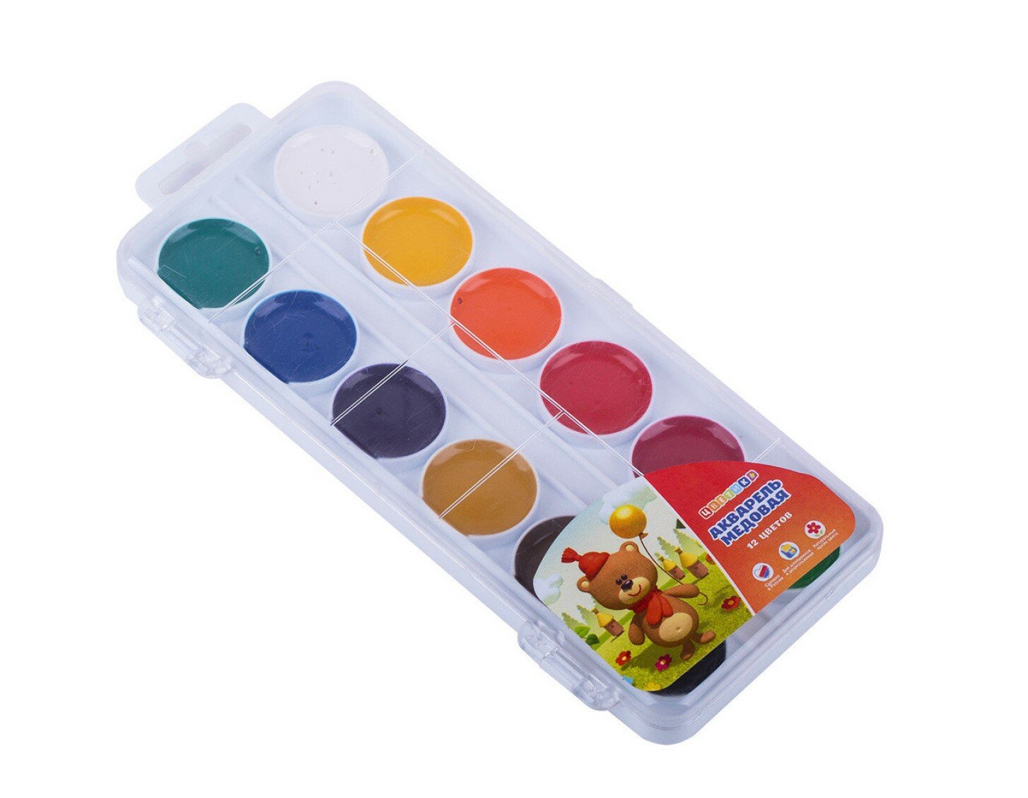 Акварельные краски цветик белая 12 цветов, медовая, без кисти