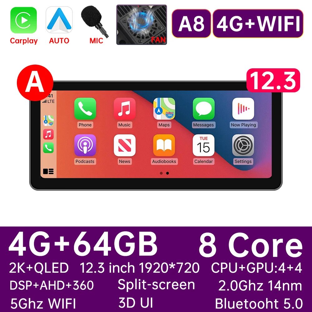 12,3-дюймовый 2-диночный автомобильный радиоприемник в стиле Tesla Android 13, универсальный навигационный GPS 4G для kia Chevrolet Toyota Honda Benz BMW Audi — — A8-4G-64G-Carplay