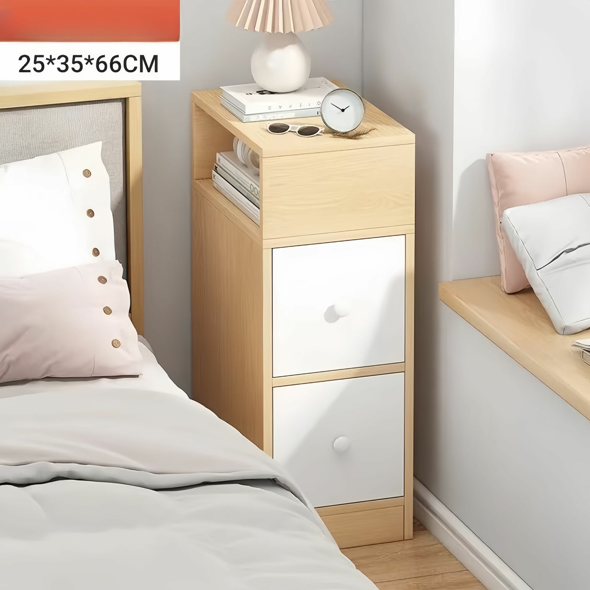 Тумба прикроватная, ультратонкая, 2 ящика, E1 класс, 25x66x30 см