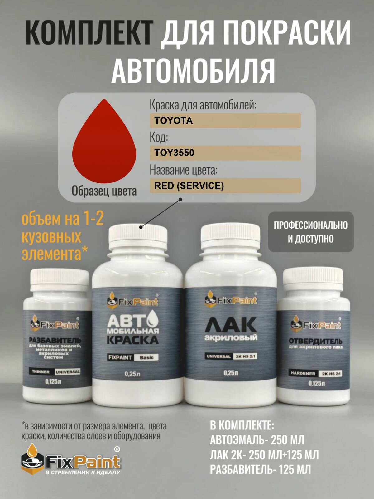 Комплект для покраски TOYOTA, код TOY3550, RED, базовая автомобильная краска 250 мл, лак 2K 250 мл с отвердителем, разбавитель 125 мл, FixPaint Pro