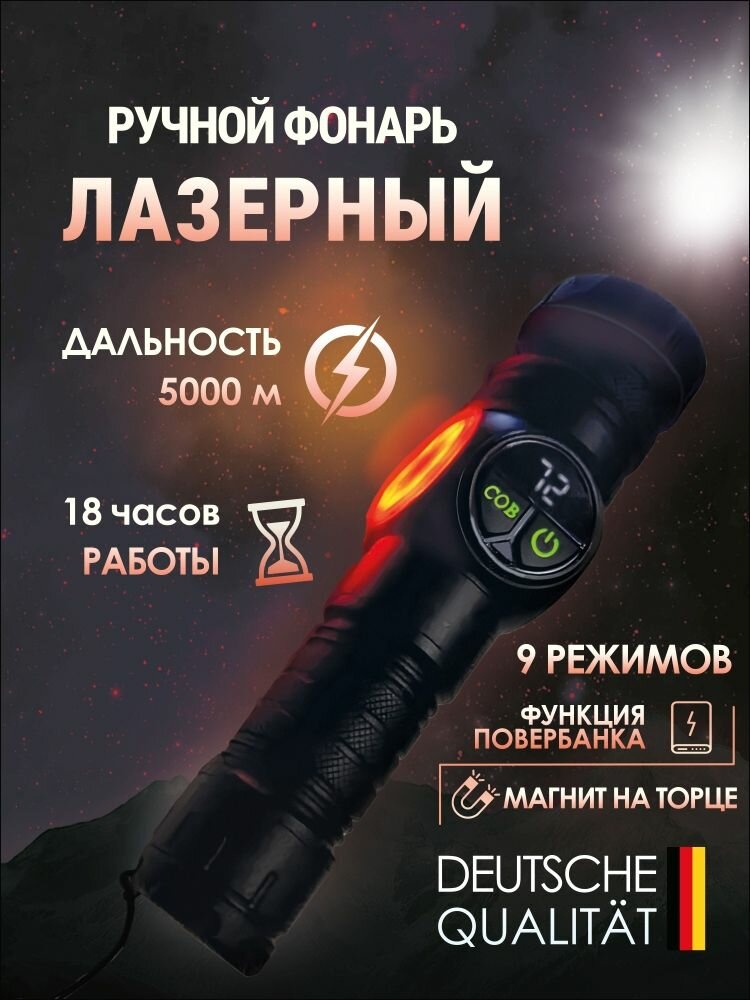 Мощный ручной фонарь светодиодный аккумуляторный с ZOOM, для охоты