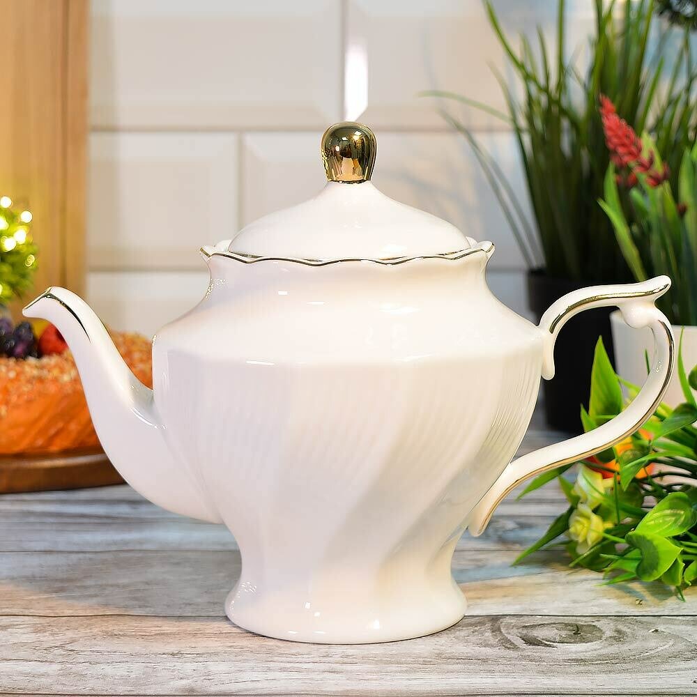 Чайник заварочный 1л из керамики, белый, классический дизайн, устойчивая ручка, для домашнего использования
