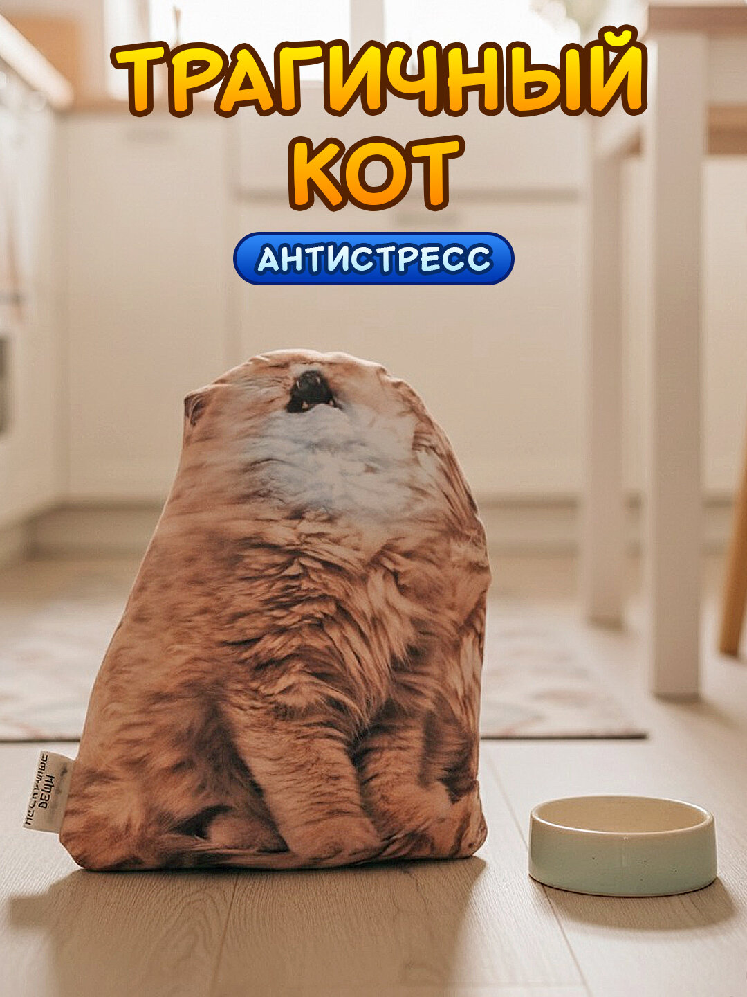 Мягкая антистресс мини игрушка-подушка Нескучные вещи кот мем "Трагичный кот"